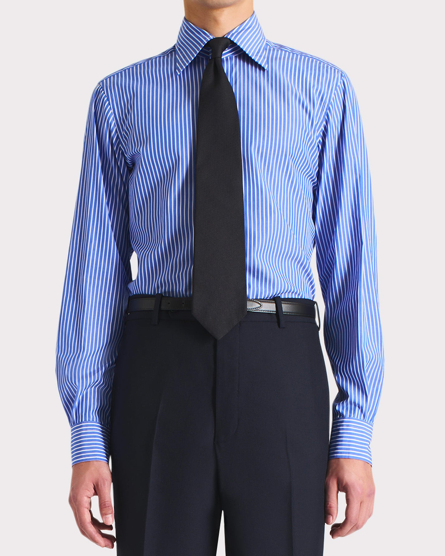 WIDE COLLAR SHIRT IN COTTON POPLIN – BLUE WITH WHITE STRIPES | Husbands ...