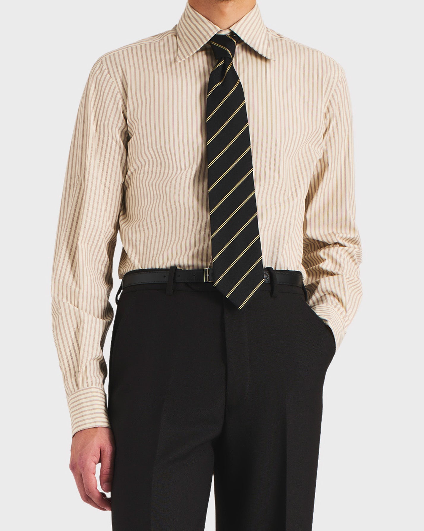 WIDE COLLAR SHIRT IN COTTON POPLIN – BEIGE STRIPES | Husbands Paris