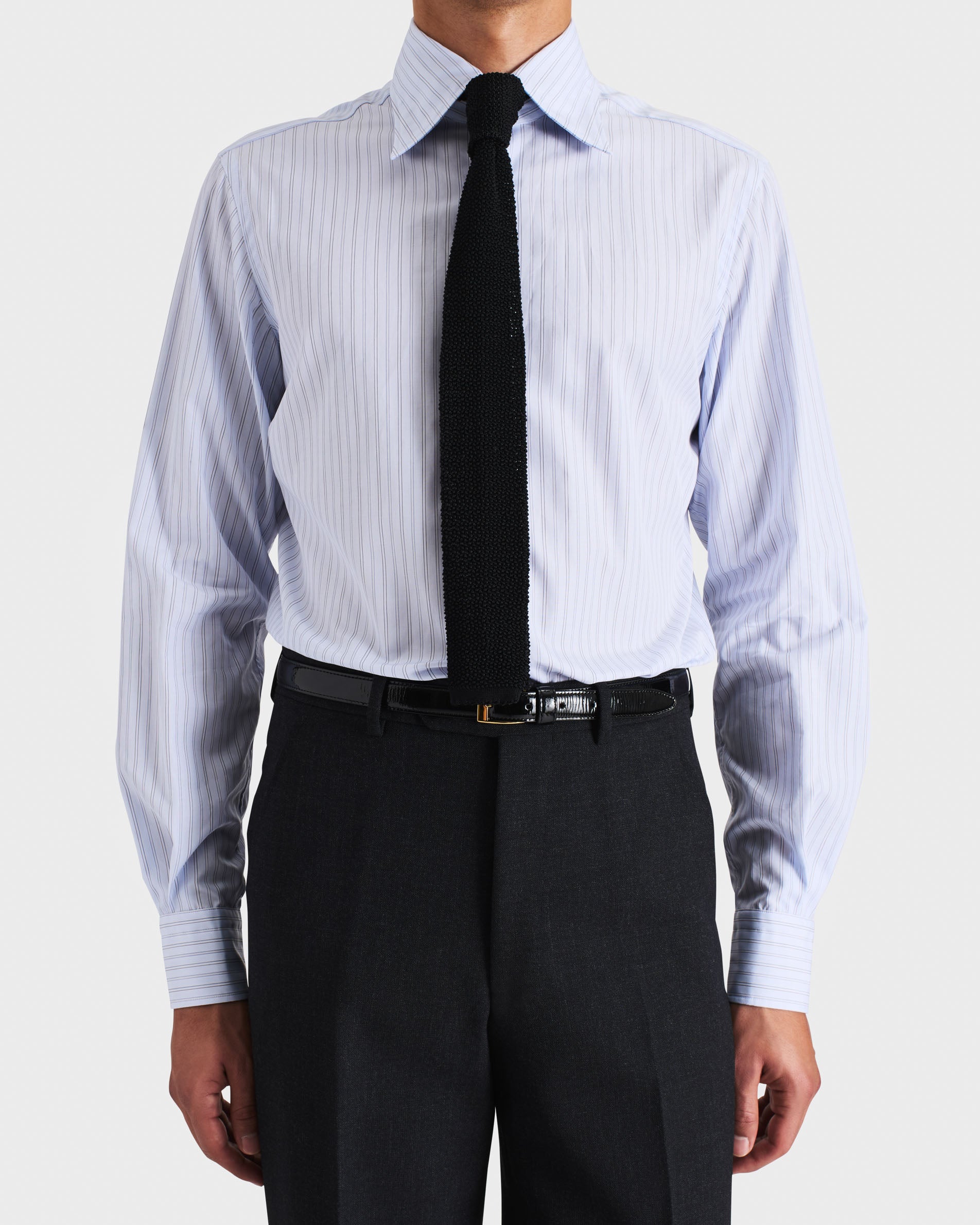 WIDE COLLAR SHIRT IN COTTON POPLIN - LIGHT BLUE WITH STRIPES | Husbands ...