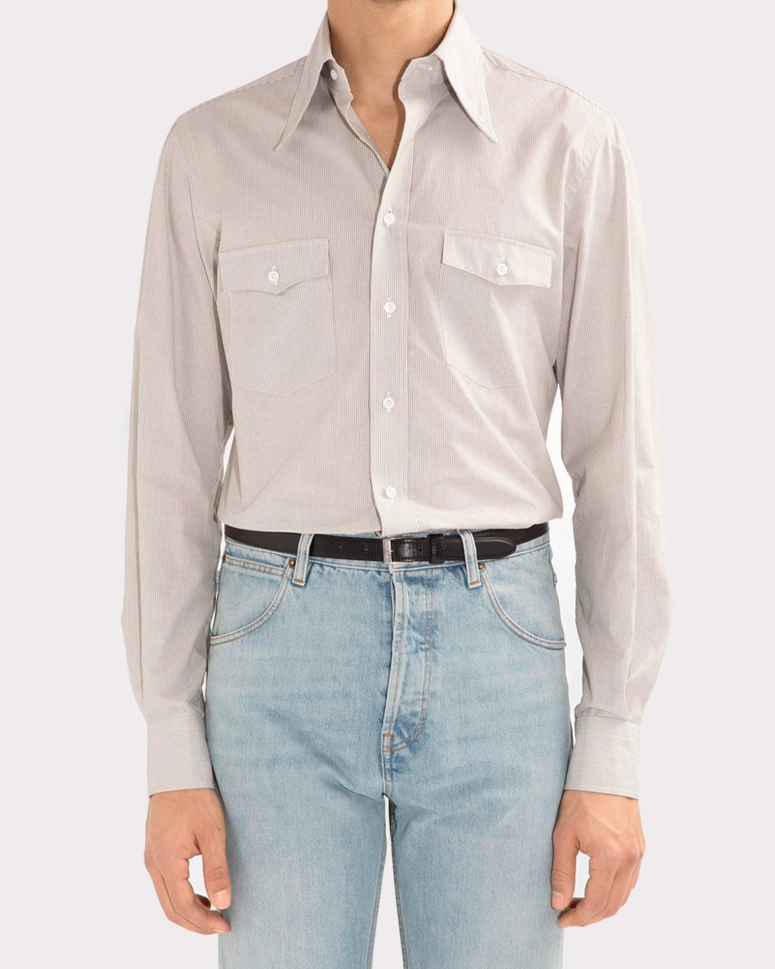 WIDE COLLAR SHIRT IN POPLIN - GREY & WHITE STRIPES | Husbands Paris